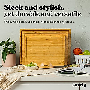 SMIRLY Wooden Cutting Boards for Kitchen - Bamboo Cutting Board Set, Chopping Board Set - Wood Cutting Board Set with Holder - First Apartment Kitchen Essentials, New Home Kitchen Accessories