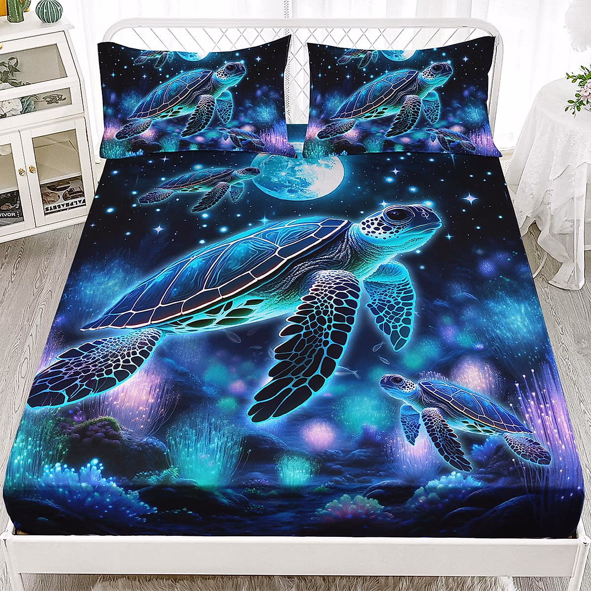 AILONEN Sea Turtle Fitted Sheet Set Twin XL Size, Ocean Bed Sheet Set Coral Jellyfish 3 Pieces Printed Sheet Set for Boys Girls,Evening Starry Moon Turtle Fitted Sheet with 2 Pillowcases