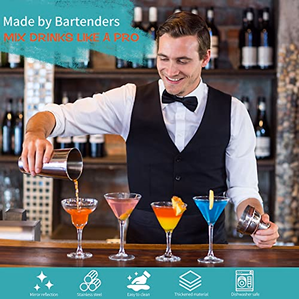 Bartender Kit,Cocktail Shaker Set,Bar Mixing Set with 24oz Stainless Steel and Bamboo Stand, Bar Set with Recipe by Bournis