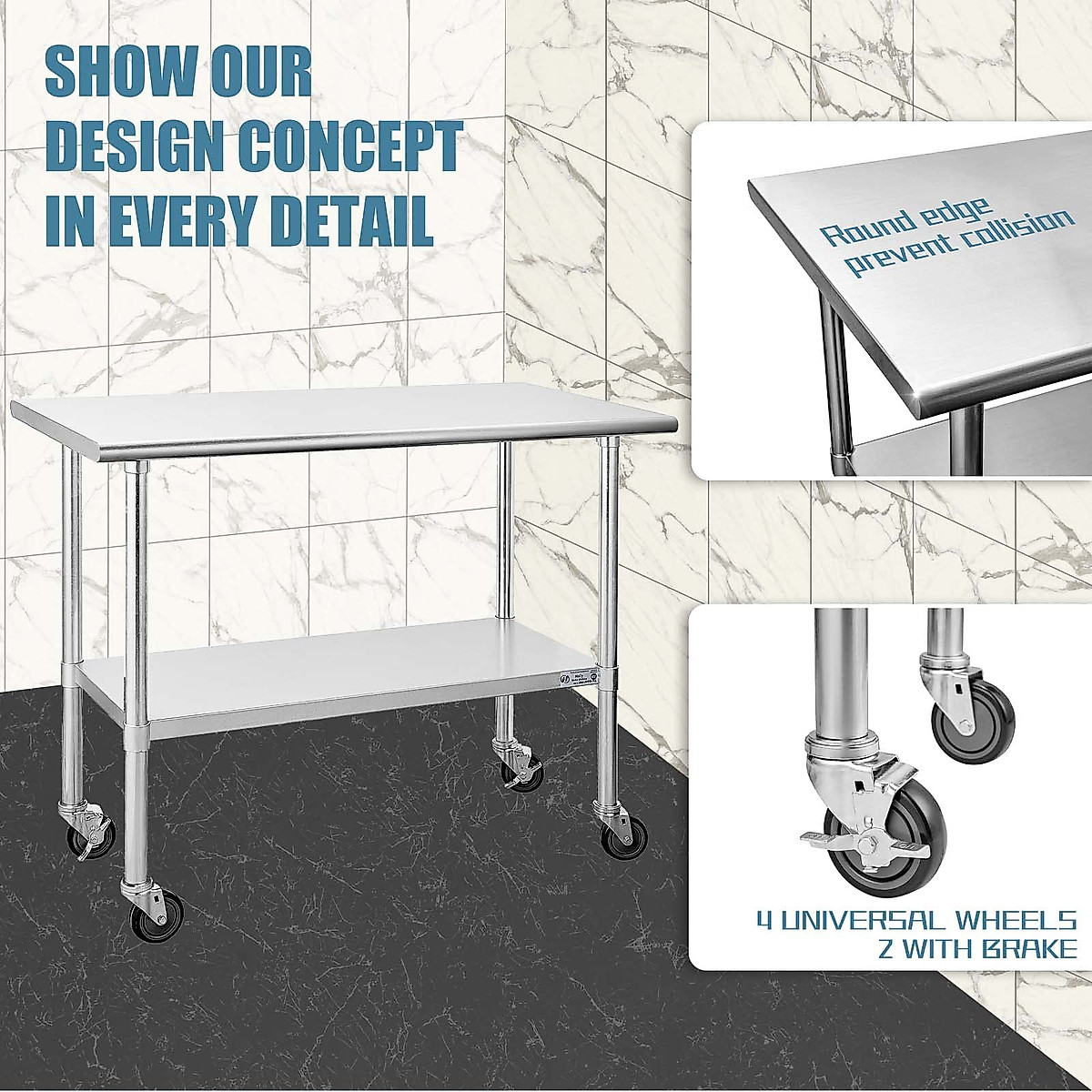 HALLY Stainless Steel Table for Prep & Work 24 x 48 Inches with Caster Wheels, NSF Commercial Heavy Duty Table with Undershelf and Galvanized Legs for Restaurant, Home and Hotel