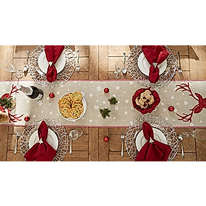 DII Holiday Dining Table Decoration Embroidered Christmas Table Runner, 14x70, Red Reindeer & Snowflakes
