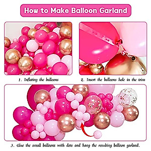 KAWKALSH 142Pcs Pink Balloon Garland Arch Kit, Hot Pink Rose Gold Metallic Confetti Balloons for Women Birthday Princess Theme Bridal Baby Shower Wedding Party Background Decorations