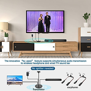 SIMOLIO Dual Wireless Headphones for TV Watching with Transmitter/Charging Stand 2-in-1, Spare Battery & Dialog Mode & Balance Control for Seniors, Optical/RCA/AUX Compatible, Bypass to Soundbar