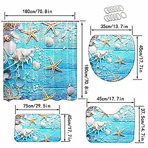 4 Pcs Nautical Bathroom Sets with Shower Curtain and Rugs and Accessories, Ocean Beach Shower Curtain with 12 Hooks, Durable Waterproof Fabric Shower Curtain 72x72inch