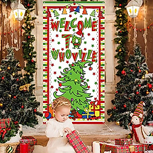 Whoville Christmas Door Cover for Christmas Party Decorations, Wellcome To Whoville Christmas Sign Backdrop Xmas Door Hanging Banner for Christmas Eve Holiday Party Supplies