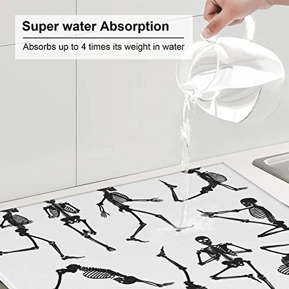Human Skeletons Black Printed Drying Mat For Kitchen Ultra Absorbent Microfiber Dishes Drainer Mats Non-Slip Silicone Quick Dry Pad - 18 X 16inch
