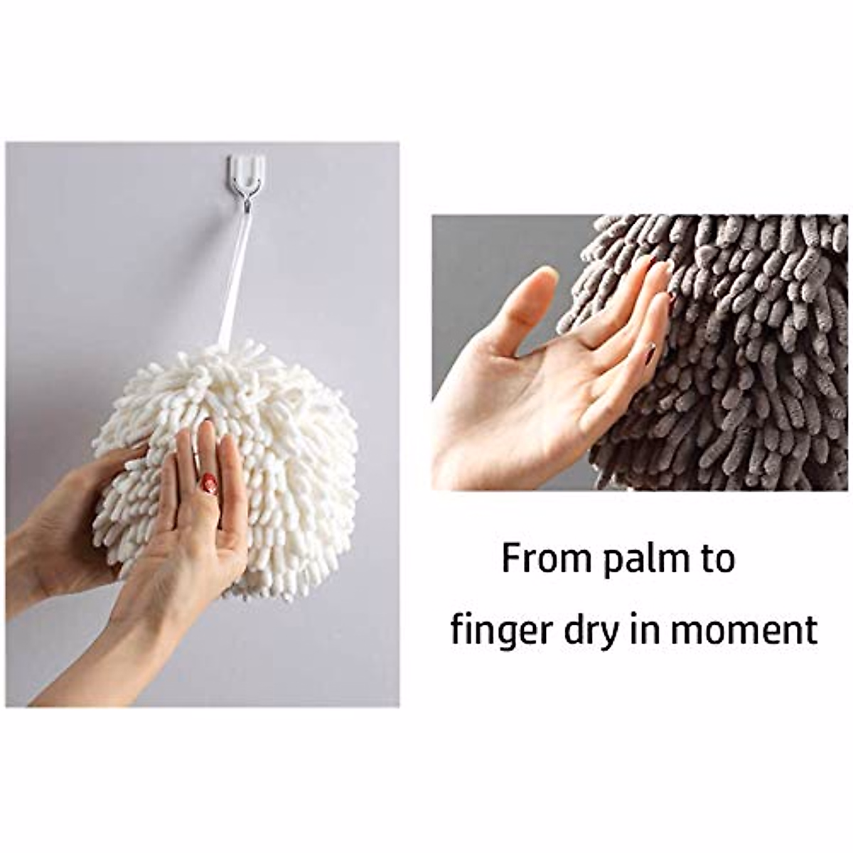 Gcace Microfiber Chenille Soft Hanging Hand Ball Towel Sets of 2 White and Gray Bathroom, Fast Dry dustproof, Dry Your Hand Instantly conveniently, for Cleaning, Absorbent Hand Ball Towels
