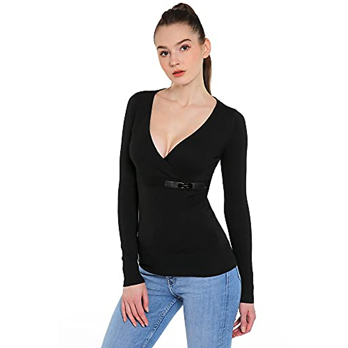 AmélieBoutik Women V Neck Crossover Buckle Long Sleeve Pullover Sweater (Black Medium)