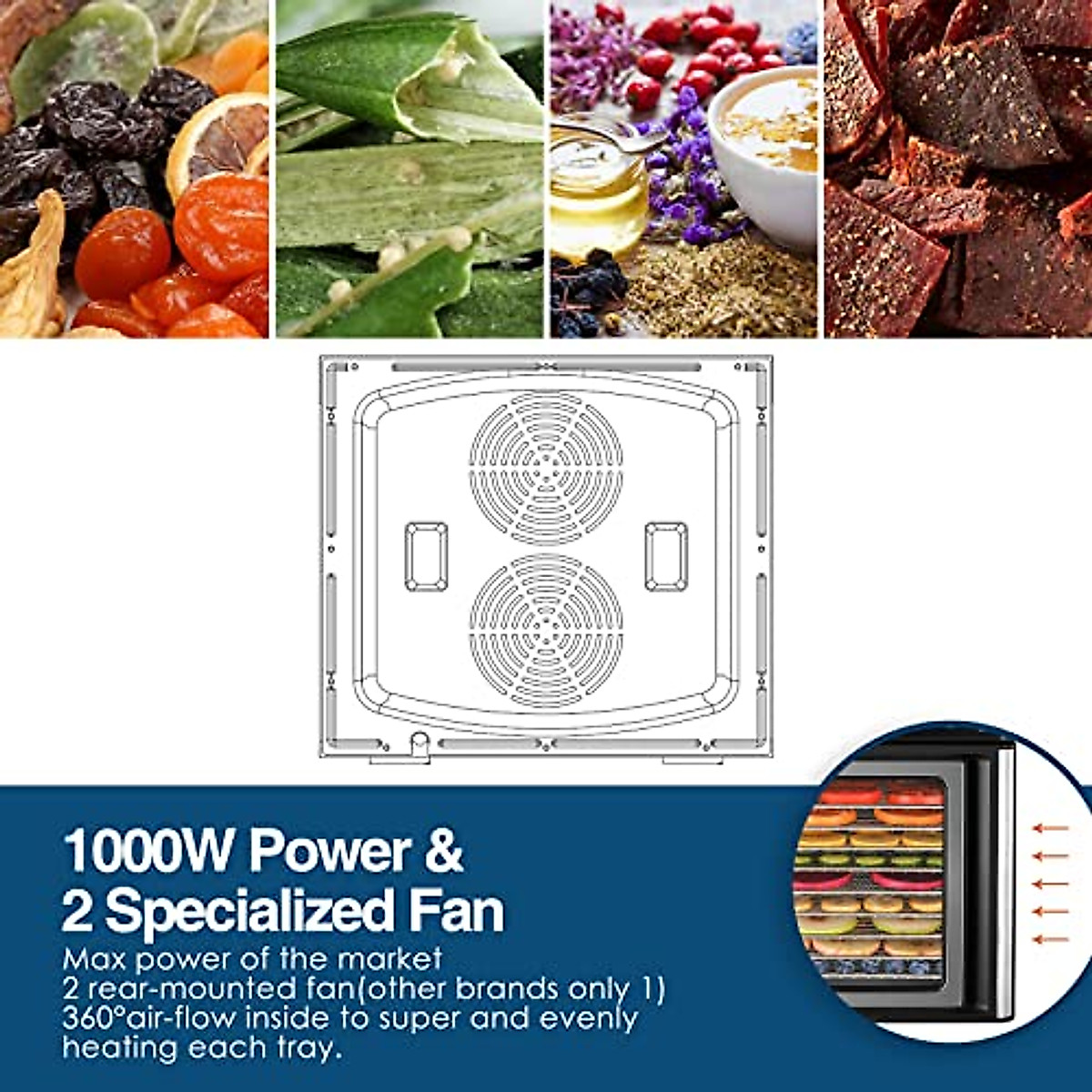 KITIDEA Food Dehydrator, 9 Stainless Steel Trays Dehydrator for Food and Jerky, Herbs, Veggies, Fruits, 1000W Electric Food Dryer Machine with Digital Temperature and Timer, Recipe Book Included