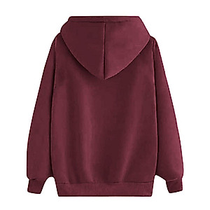 Women Casual Hoodies Hooded Sweatshirts Long Sleeve Hooded Pullover with Front Pocket Solid Pullover Hoodies Wine
