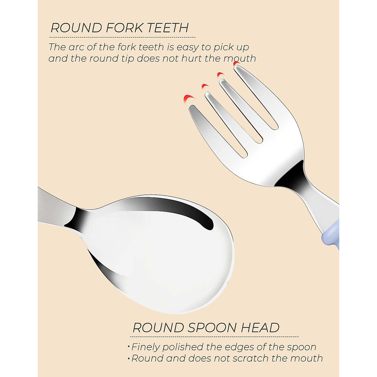 6 pcs Toddler Utensils, Stainless Steel Toddler Silverware Set with Round Handle, Baby Forks for Self Feeding, 3 Toddler Forks and 3 Toddler Spoons, BPA Free