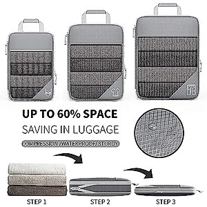 Compression Packing Cubes for Suitcases, VIKASI 6 Set of Travel Luggage Packing Organizers, Suitcase Organizer Bags Set for Expandable Packing Organizers Travel Accessories (Gray)