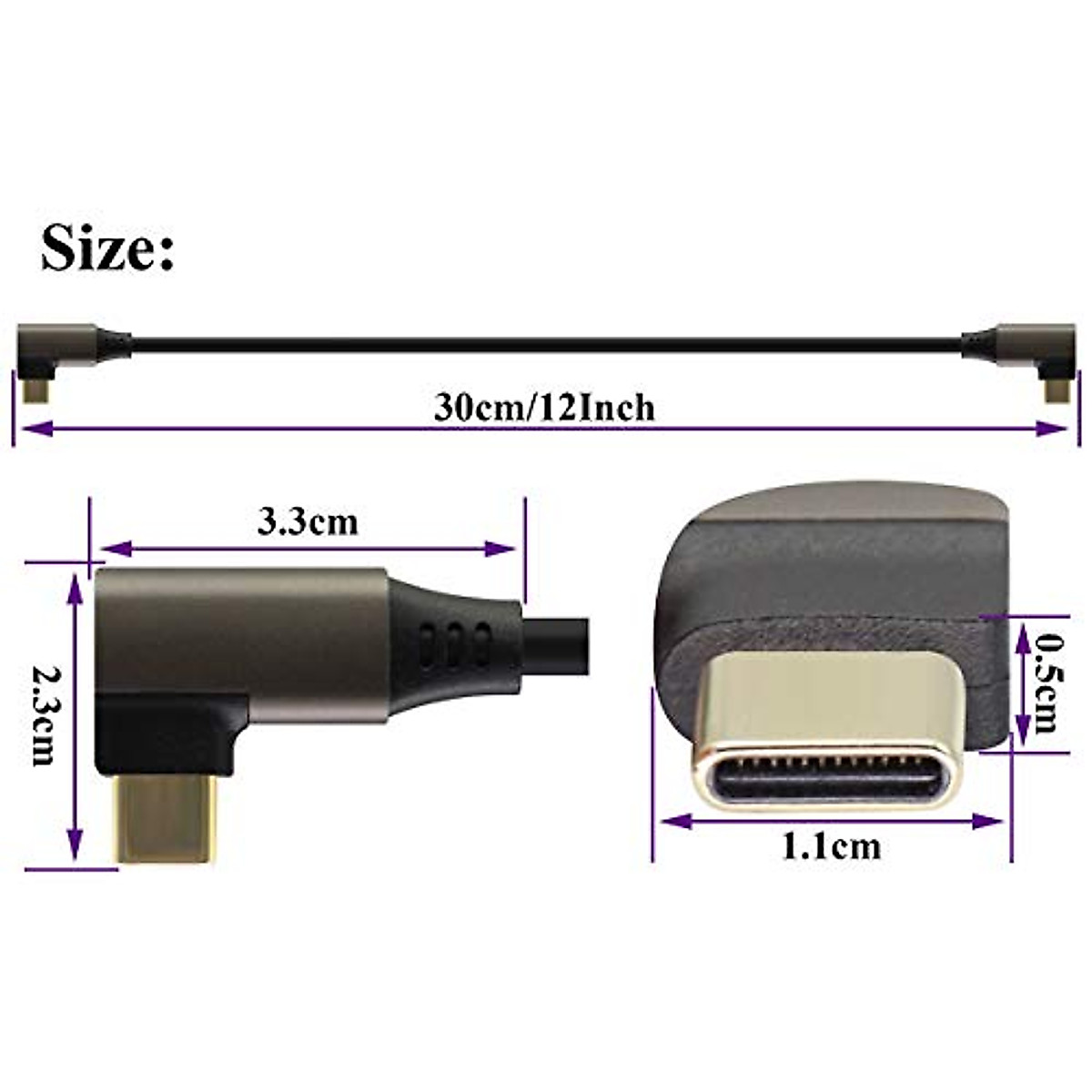 AAOTOKK 90 Degree USB 3.1 Type C Cable Right & Left Angled 3.1 USB Type C Male 4K@60Hz Gen 2 Extension Cable Supports Charging,Data,Audio,Video Cable for Laptop & Tablet & Mobile Phone.(0.3M/1Ft)
