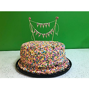 Happy Birthday Cake Bunting Topper Cake Topper Garland, Handmade Pennant Flags with Wood Pole Ivory (With Pink Rose)