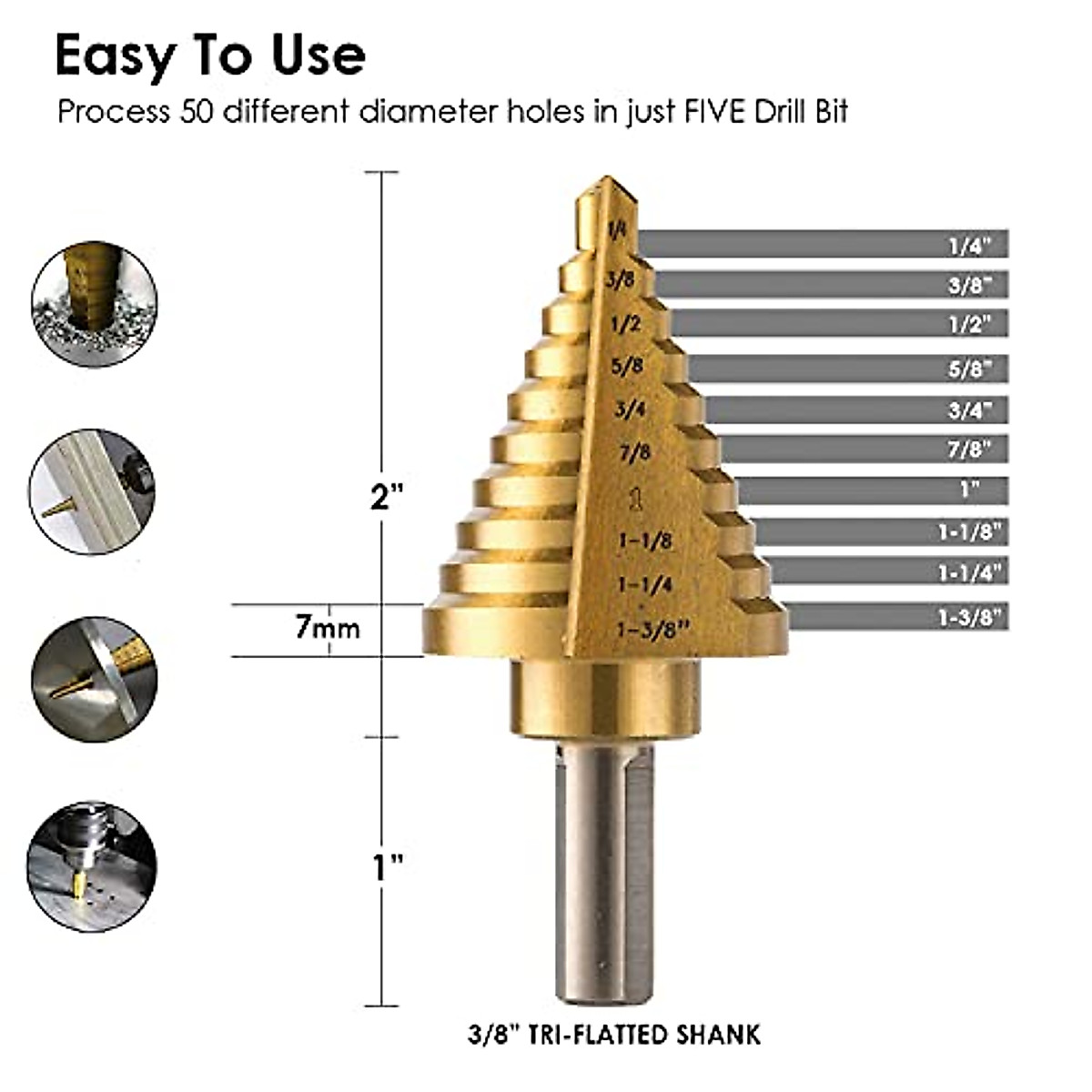 amoolo Titanium Step Drill Bit (10 Step), 1/4" to 1-3/8", High Speed Steel (HSS) 1/4" Hex Shank Unibit for Soft Metal Sheet, Wood, Plastic, Multiple Hole Drilling Cone Drill Bit