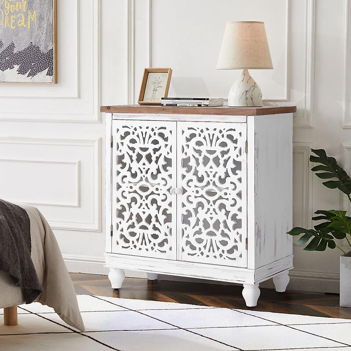 PHI VILLA Accent Cabinet with Doors Hollow-Carved Cabinet Farmhouse Antique Cabinet Credenza Buffet Cabinet for Entryway Living Room Storage Cabinet White
