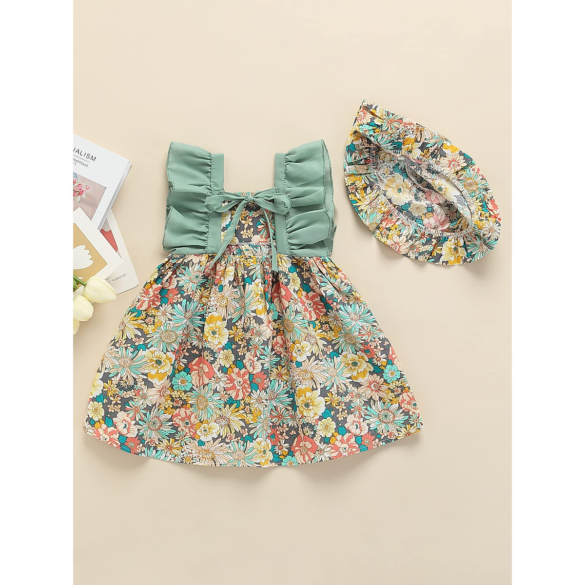 6M-3Y Summer Newborn Infant Toddler Baby Girls Dress Flower Print Ruffles A-Line Dresses + Cap Outfits (Green, 6-12 Months)