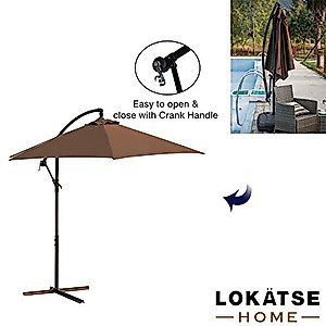 LOKATSE HOME 10 Ft Offset Patio Outdoor Umbrella Cantilever Hanging Market Umbrella Garden Umbrella with Crank & Cross Base (Brown)