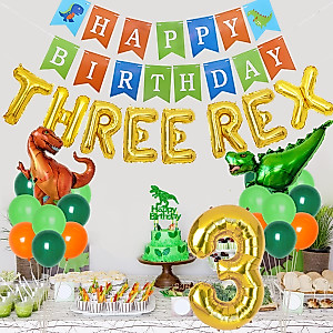 Dinosaur Birthday Decorations for Boy Three Rex Birthday Decorations Dinosaur Party Supplies 3 Year Old - Three Rex Balloons Dino Cake Topper Happy Birthday Banner