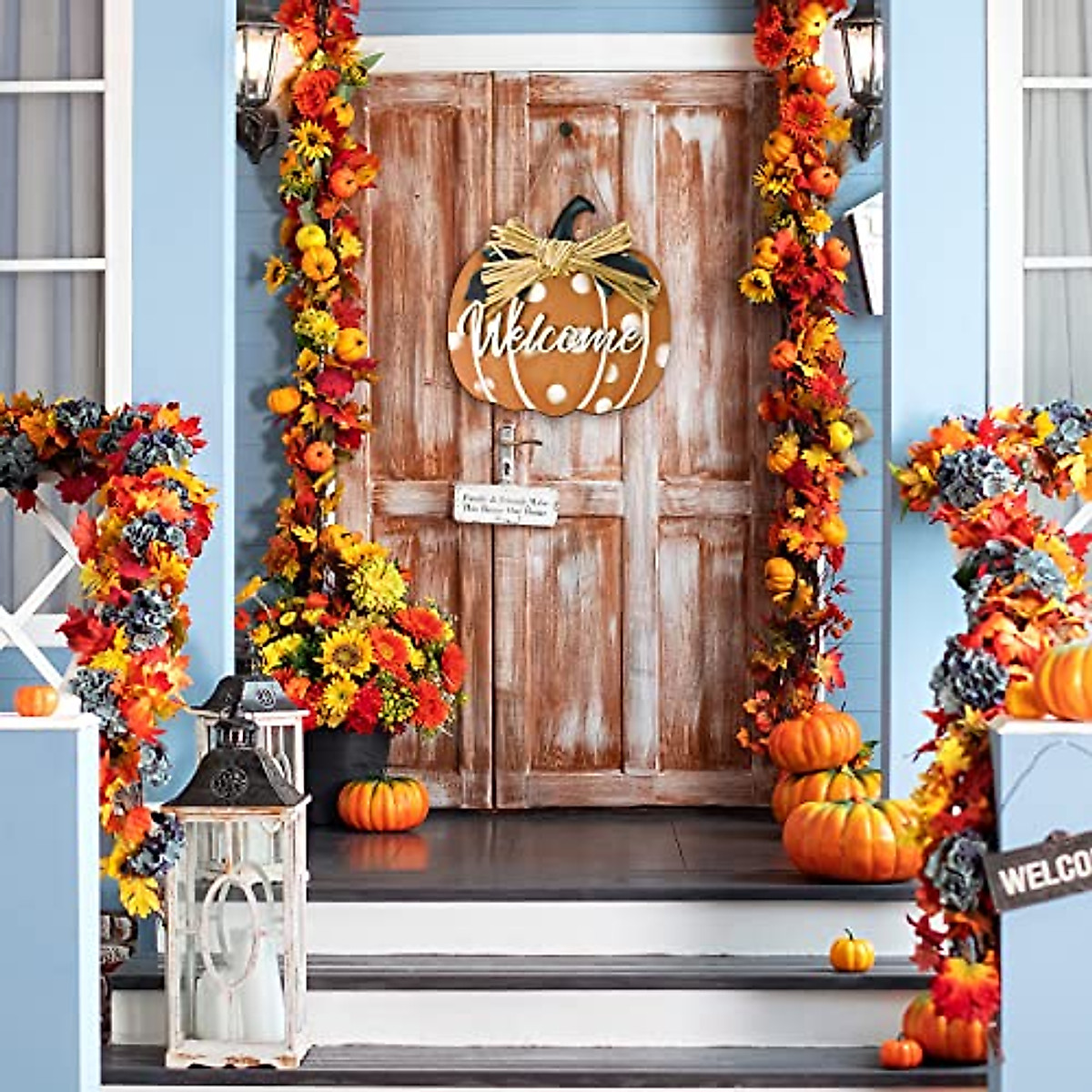 Shellwei Fall Pumpkin Welcome Sign for Front Door Wood Pumpkin Hanging Decor Thanksgiving Wooden Hanger Decorations for Autumn Harvest Farmhouse Home Decor