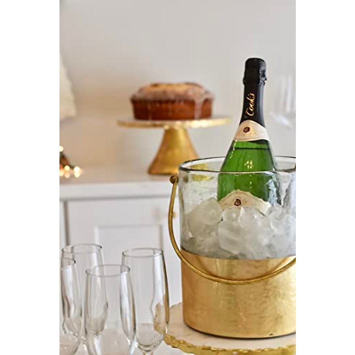 Mud Pie Ice Set, Bucket 8 x 7 Dia | Tongs 6 1/2", 1/2" 1/2" 1/2", Gold and Clear