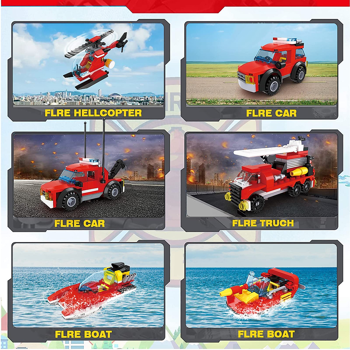 City Rescue Car Building Blocks Toy, Roleplay Parent-Child Set, Firefighter Kit with Fire Truck, Life Boat, Helicopter, Fire Extinguisher Educational Toys Thanksgiving Gift for Kid 6+ (Fire Station)