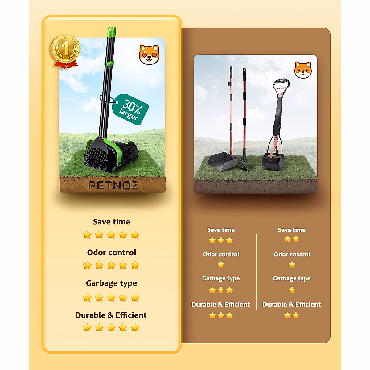 PETNOZ LIFE Large Swivel Bin & Rake Pooper Scooper with 40 Waste Bags, 36" Long Handle & 4 Bag Hooks Adjustable Dog Pooper Scooper for Large Dogs and Pets, Portable Non-Breakable Dog Poop Scooper