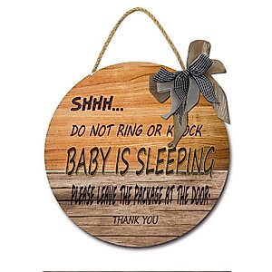 Weytff Baby Sleeping Sign For Front Door Funny Baby Sleeping Hanging Sign Plaque, Do Not Knock Or Ring The Bell, Round Wooden Door Hanger For Baby Room, Nursery, Front Door, Door Knob Decor 12"
