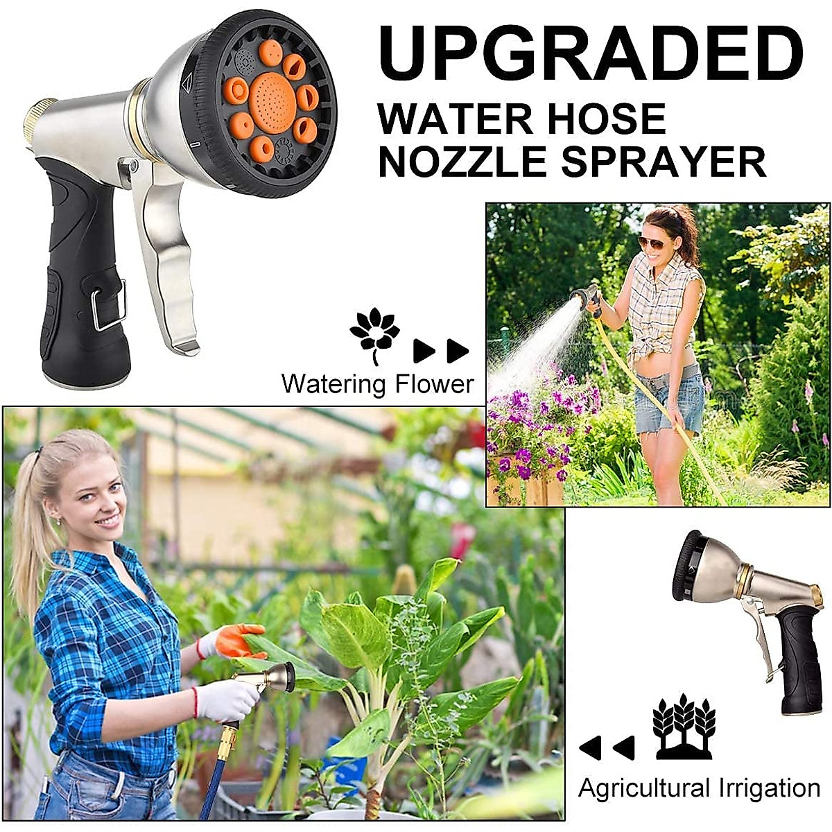 Garden Hose Nozzles 9 Adjustable Patterns Hose Spray Nozzle Heavy Duty Metal Hose Nozzle Spray Gun Slip Resistant Water Sprayer for Cleaning/Watering Lawn Garden/Pets Shower/Car Washing