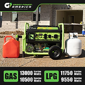 Green-Power America Dual Fuel Portable Generator 13000 Watt,Gas or Propane Powered,Electrical/Recoil Start, Equipped with CO-Seizer CO Protection System