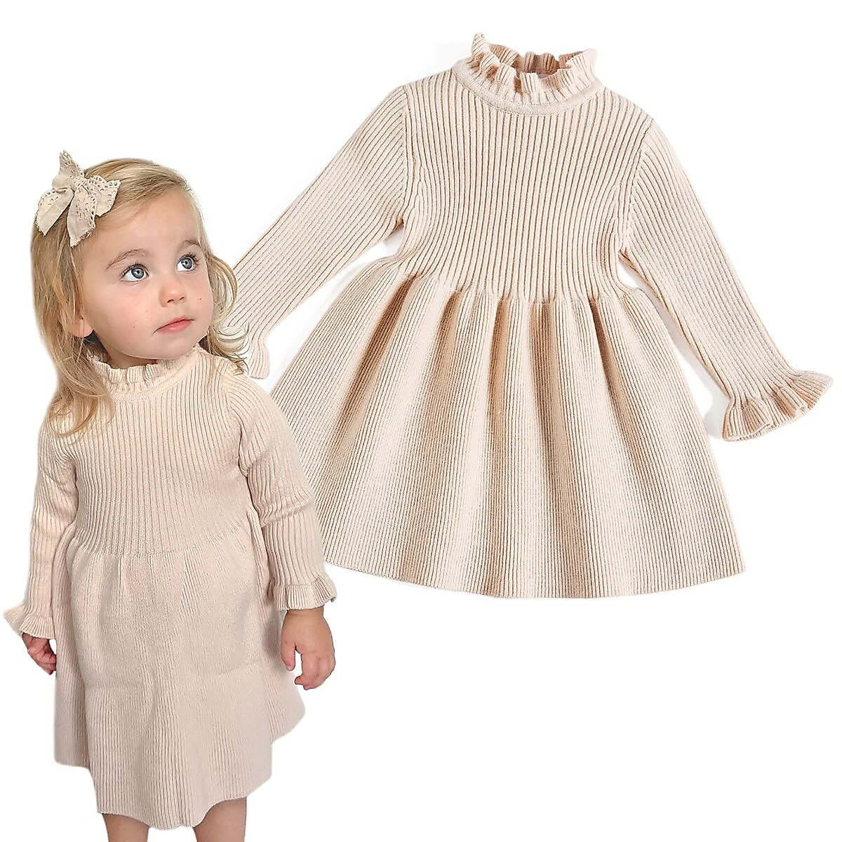 Simplee kids Little Girls' Long Sleeve Girl Dresses and Rompers Ribbed Knit Sweater Dress Apricot for 2T