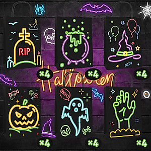 NODMIPNS 24 Pack Halloween Paper Gift Candy Bags with Handle,Halloween Neon Black Shining Trick or Treat Goody Bags,Kraft Paper Halloween Candy Bags for Goodie Snack Trick or Treating Party Supplies