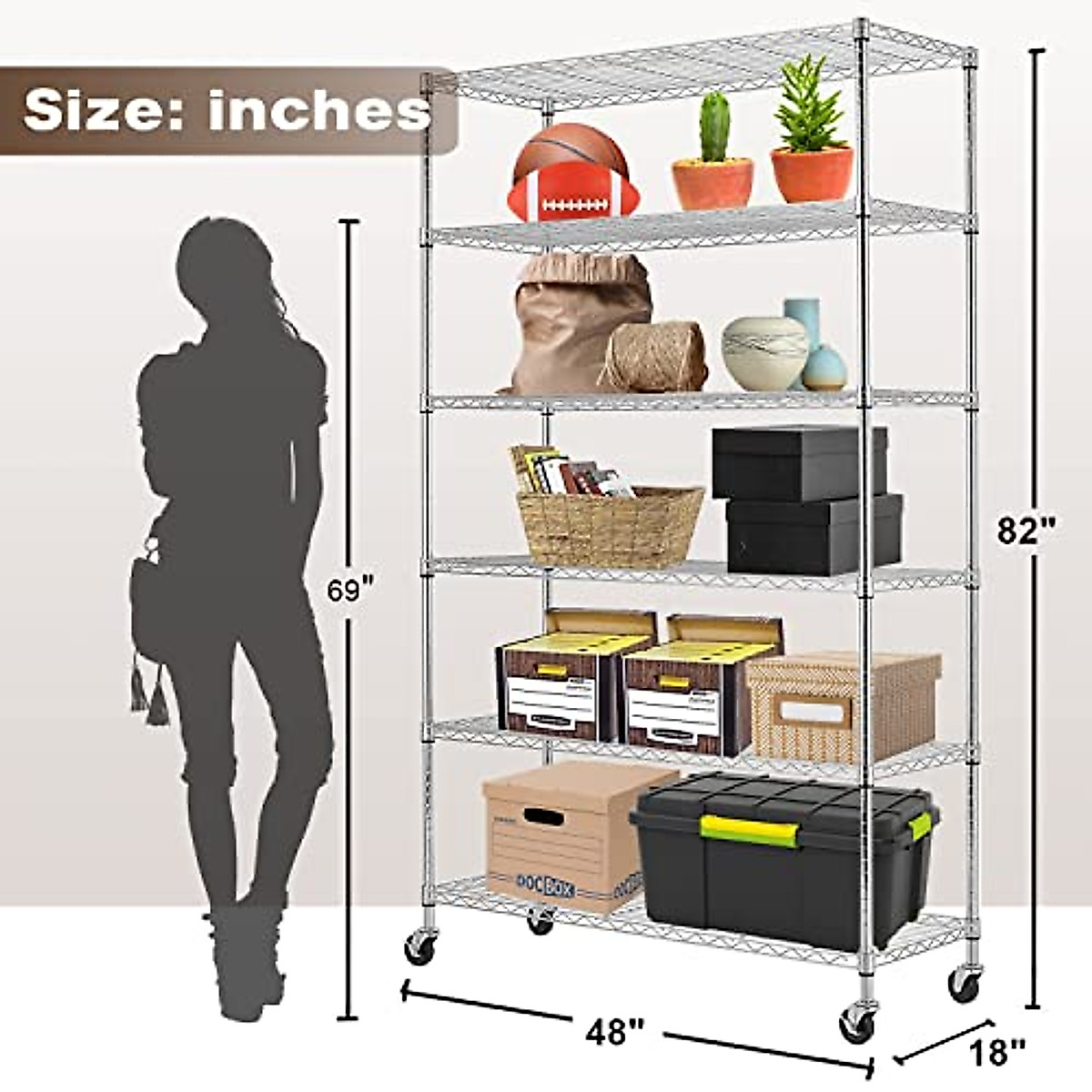 6-Tier Storage Shelf, Wire Shelving Unit NSF Certified Storage Rack 48" W x 18" D x 82" H 2100Lbs Capacity Adjustable Layer Heavy Duty Metal Rack Steel with Casters for Kitchen Garage Pantry Chrome