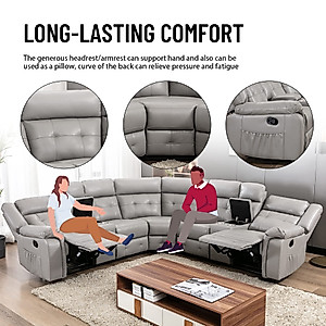Nathaniel Home PU Leather Sectional Sofa Set with 2 Consoles Fashion Living Room Recliner Chair with Storage Box, L-Shaped Corner Couch with Cup Holders, Foggy Grey