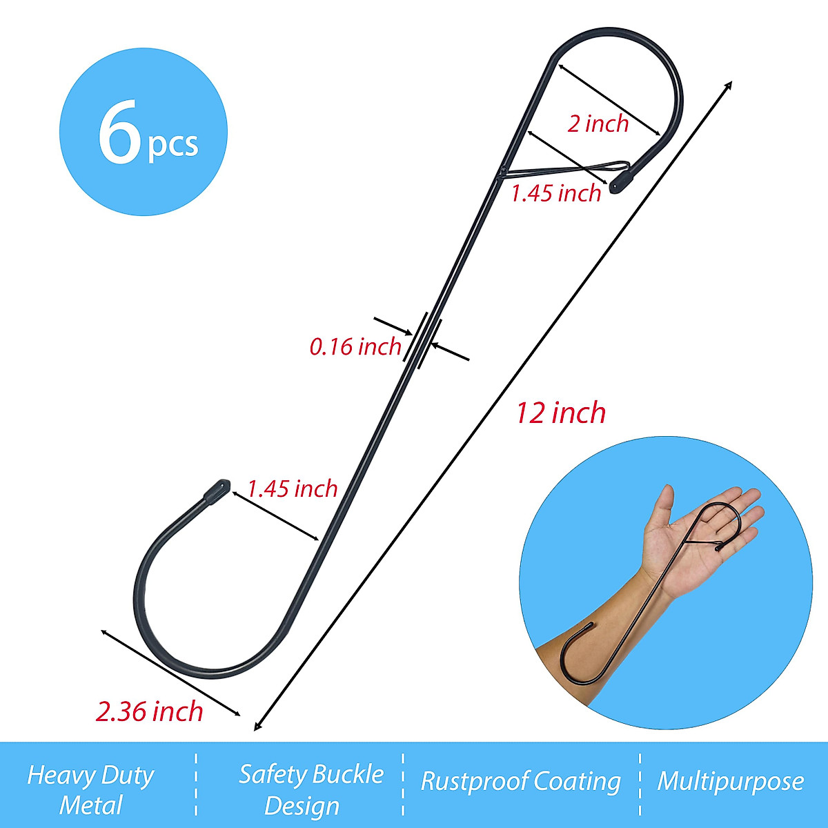 6Pcs S Hooks Hanging 12 inch Heavy Duty Large S Hooks with Safety Buckle, Long S Hooks for Hanging Plant, Utility Hooks, Long Heavy Duty Hanging Hooks for Kitchen, Bathroom, Garden, Indoor, Outdoor