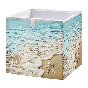QUGRL Starfish Ocean Wave Cube Storage Bins Organizer Summer Beach Clothes Toy Storage Basket Box for Shelves Closet Cabinet Office Dorm Bedroom 11x11 in