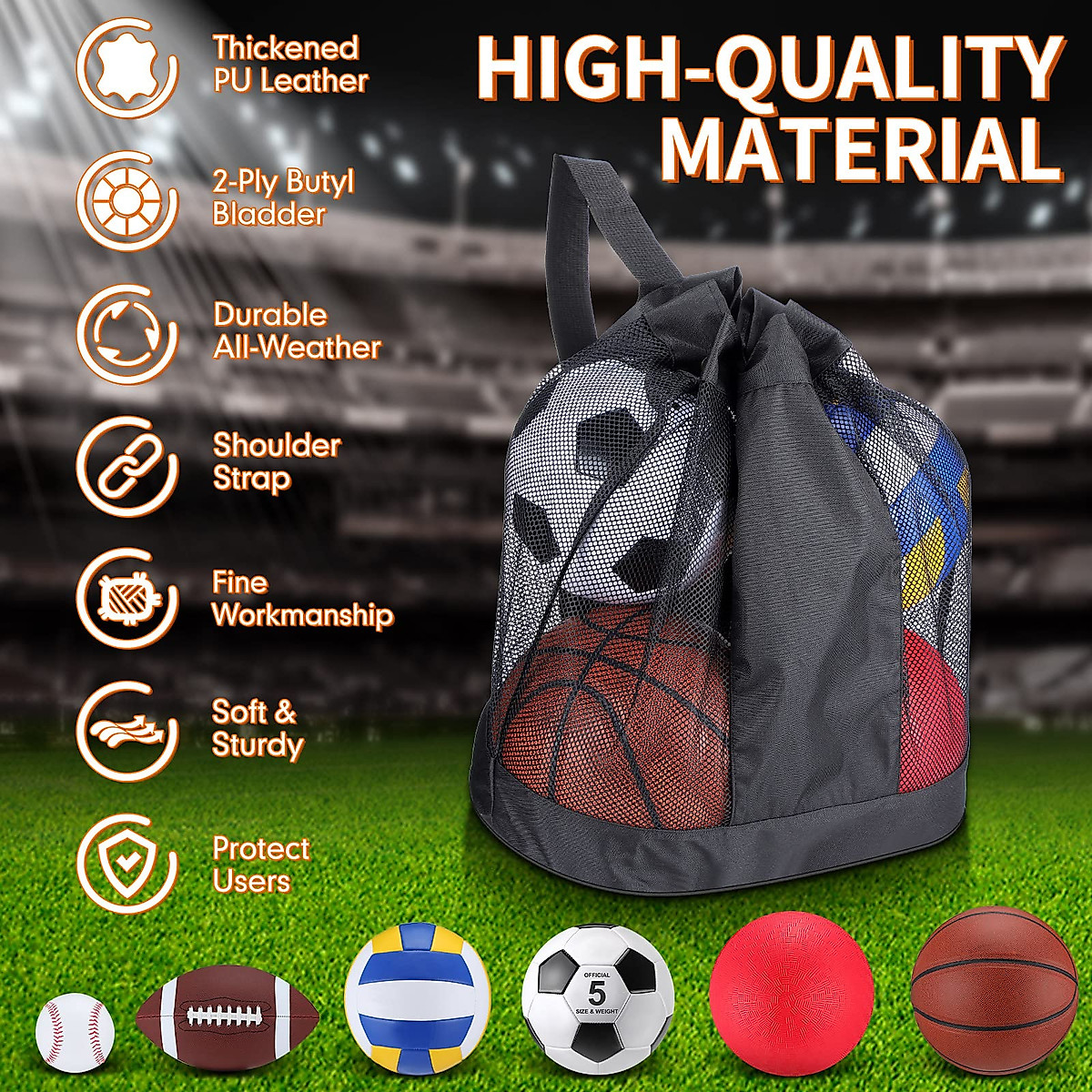 Leyndo 18 Pcs Bulk Sport Balls Set Basketball Football Volleyball Soccer Playground Ball Baseball Outdoor Sport Equipment Full Size with Sports Ball Bag Pump for Youth Adults Kids Sport Gift (Brown)