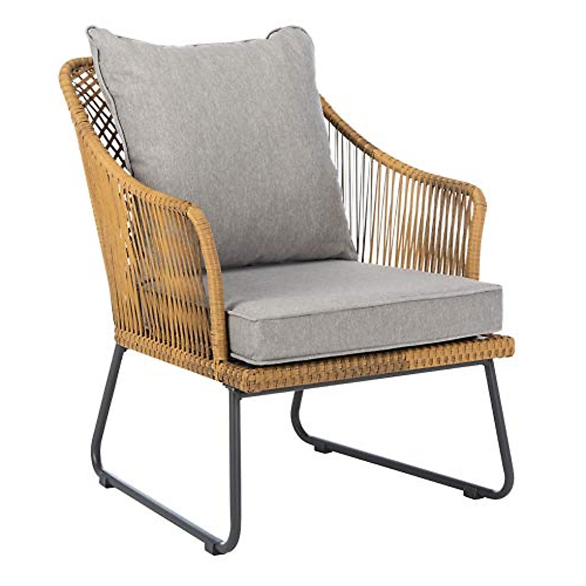 SAFAVIEH Outdoor Collection Jensen Natural Brown Rattan/Grey Seat Cushion 3-Piece Patio Lounge Bistro Set with Table (PAT9008A)