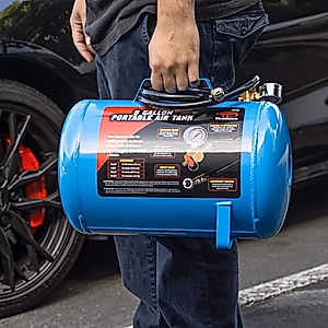 TOOLUXE 30010L 5 Gallon Air Tank, Portable Air Tank, 125 PSI Maximum Pressure, Horizontal Air Compressor Tank, 1/4" NPT 40 Inch Industrial Hose & Chuck, 140 PSI Safety Valve