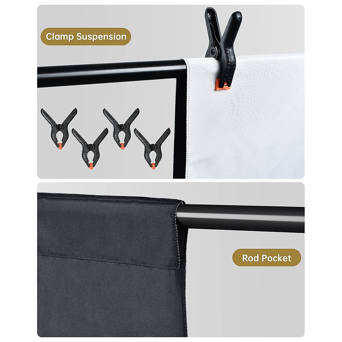 UTEBIT White Black Backdrop, 5 * 6.5FT 2-in-1 Double Sided Photo Backdrop Kit Black/White Screen Background for Photography with 4 Spring Clamps, Photo Backdrop Curtain for YouTube/Video/Television