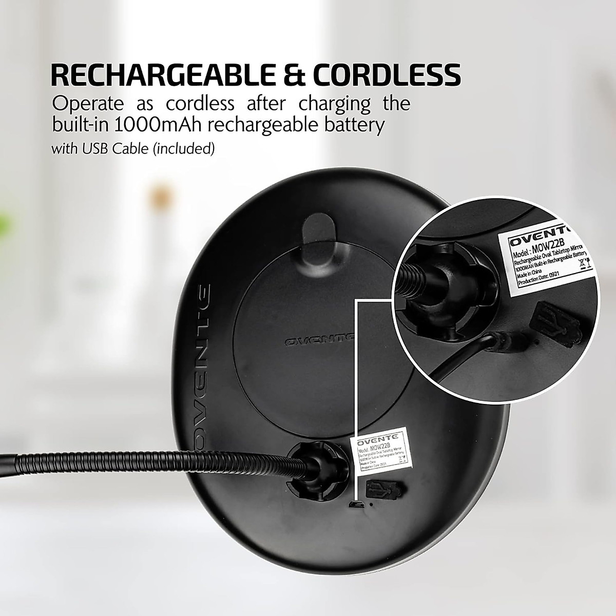 OVENTE 9'' Lighted Wall Mount Makeup Mirror with Mini Magnetic 10X Magnifying Mirror, Rechargeable Vanity Mirror, Touch Screen Dimmable LED Lights, Flexible Gooseneck & Suction Mounting, Black MOW22B