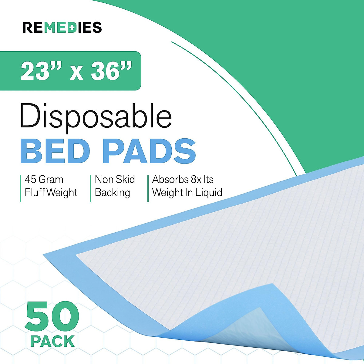 Remedies - Disposable Bed Pads 23" x 36" - 50 Count - Large Bed Pads for Incontinence - Seniors, Adults & Kids Chucks Pads - Adult Absorbent Incontinence Disposable Underpads for Beds & Furniture