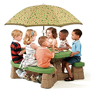 Step2 Naturally Playful Kids Picnic Table with Removeable Umbrella, Indoor/Outdoor Toys, Fits 6 Children, Made of Durable Plastic, For Toddlers 3+ Years Old, Green & Leaves