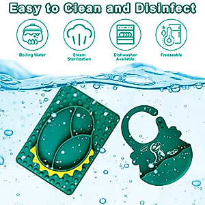 KIYTARBOO Baby Feeding Supplies for Kids and Toddlers - Baby Led Weaning Supplies Includes Plate, Baby Bib, Fork and Spoon Utensils Flatware Baby Eating Set - Durable, Dishwasher Safe -Dinosaur