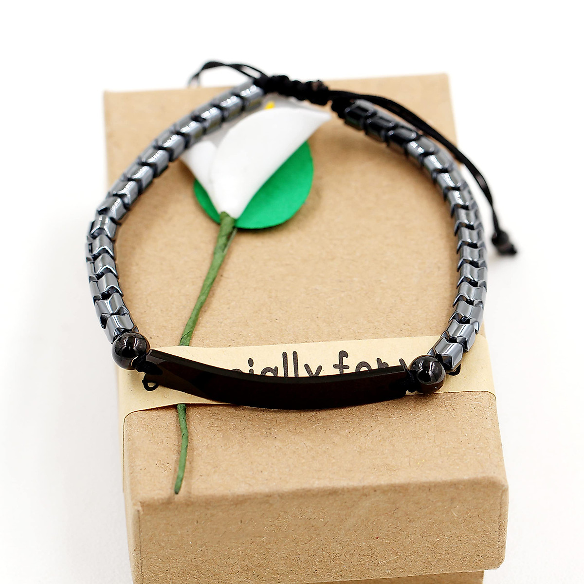 Natural Black Hematite Stone Beads Engraved Name ID Bracelet for Men Women Customized Kids Name Bracelet for Mom Dad Y1457