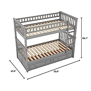 RUNWON Twin Over Twin Wood Bunk Bed with Storage Drawers and Full Length Safety Guard Rails for Kids Adults, Can Be Converted into 2 Beds