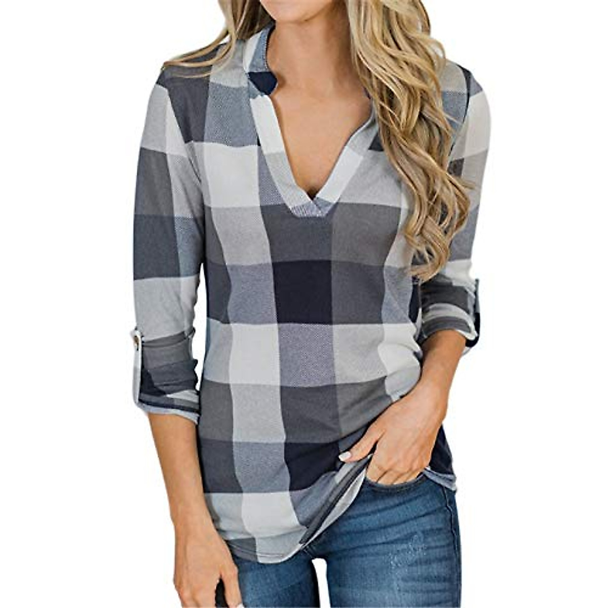 Andongnywell Womens Casual lace Plaid V Neck Long Sleeves Plaid Irregular Hem Shirts Blouses Top t Shirts Tunics (Gray,2,Medium)