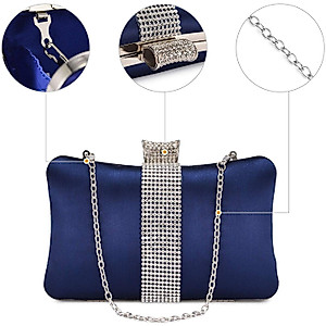 DA BODAN Fashion Womens Jane Satin Diamante Clutch Rhinestone Evening Bridal Prom Party Handbag Crossbody Purse Chain Bag (Dark blue 1)