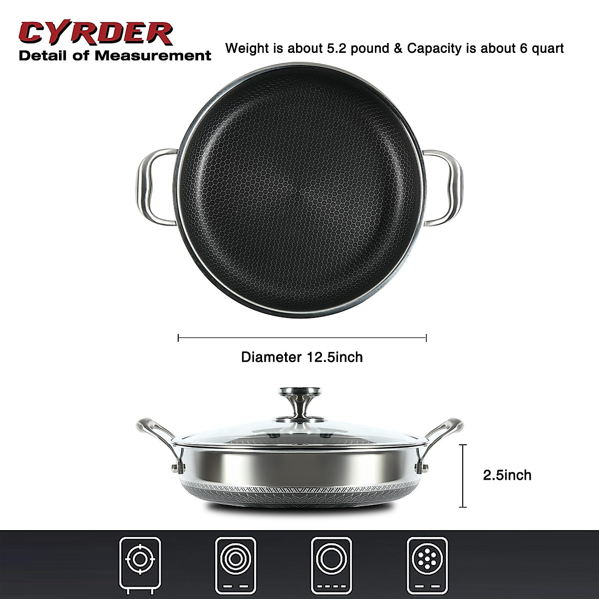 Cyrder 316L Stainless Steel Frying Pan-12inch Hybrid Nonstick Wok with Lid, Two Handle Hold, PFOA Free, Dishwasher Oven Safe, Paella Pan for Stir fry/Toast/Roast/Bake/Stew, 6 Quart