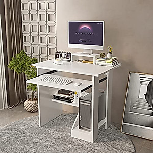 ALISENED Home Office Computer Desk with Monitor Stand Keyboard Tray, 29.5 Inch Study Writing Desk Small PC Laptop Table with Storage Shelves, Modern Workstation for Small Spaces Save Space